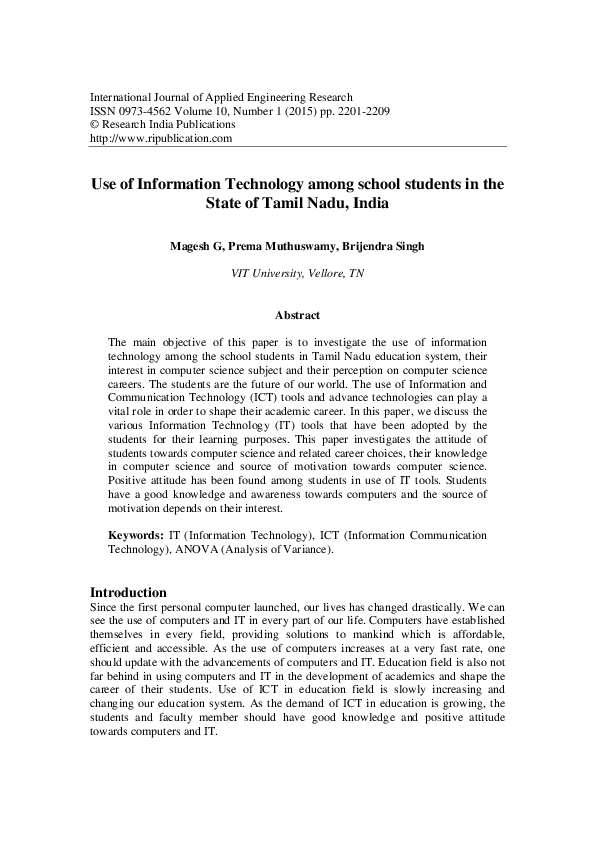 (PDF) Use of Information Technology among school students in the State ...