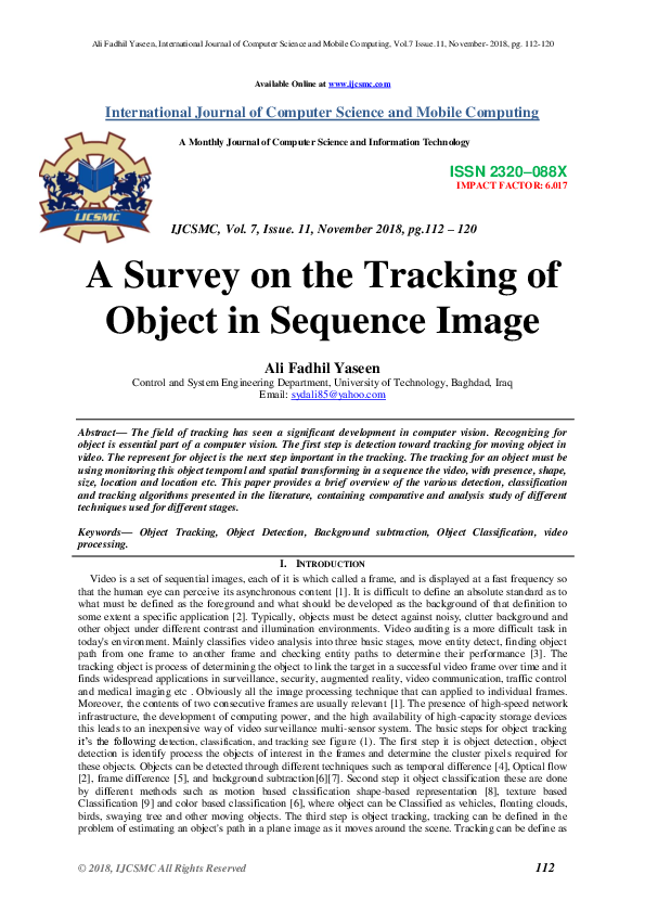 Pdf A Survey On The Tracking Of Object In Sequence Image