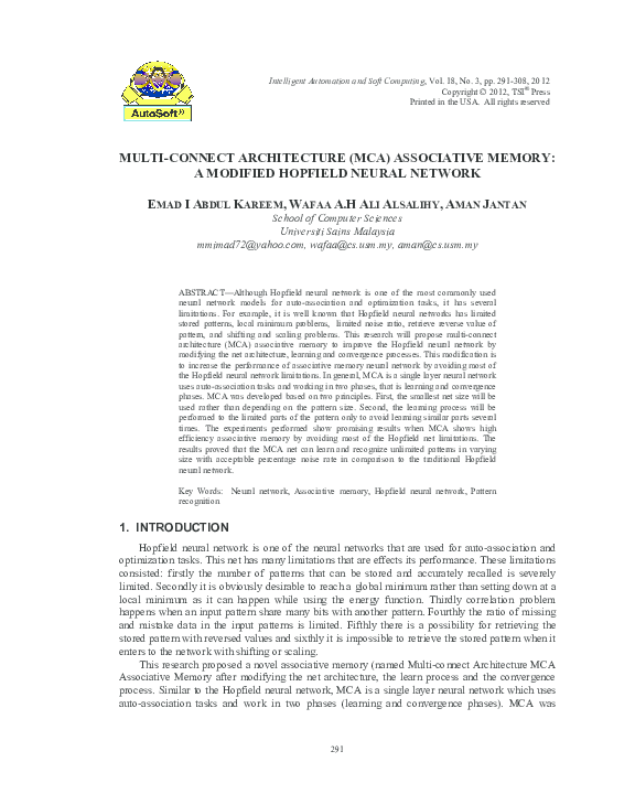 Pdf Multi Connect Architecture Mca Associative Memory A Modified Hopfield Neural Network