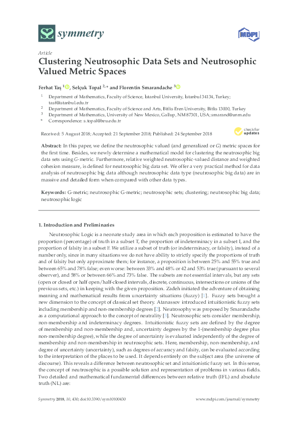 Pdf Clustering Neutrosophic Data Sets And Neutrosophic Valued Metric Spaces 2422