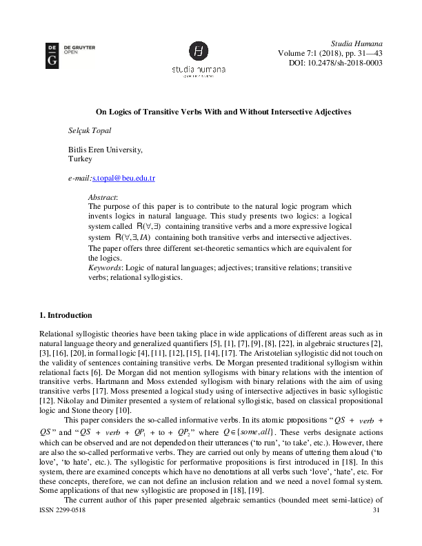 (PDF) On Logics of Transitive Verbs With and Without Intersective ...