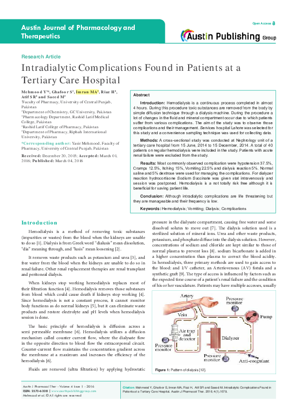 (PDF) Intradialytic Complications Found in Patients at a Tertiary Care ...