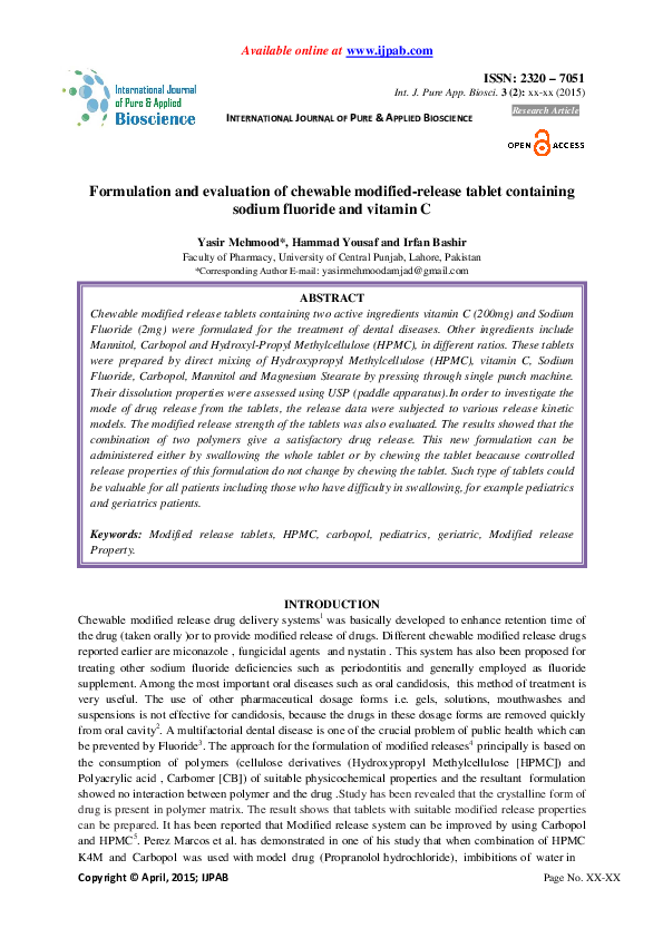 Pdf Formulation And Evaluation Of Chewable Modified Release Tablet