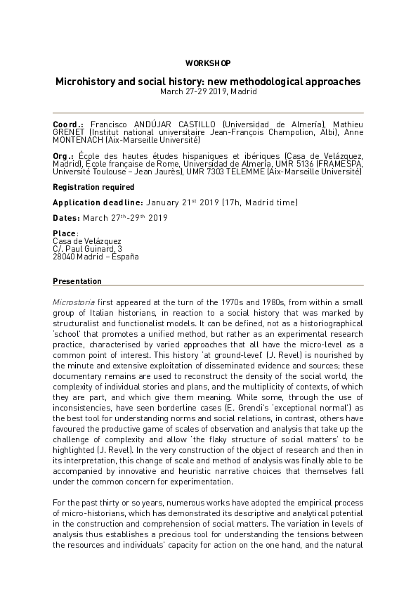 (PDF) Workshop "Microhistory and social history: new methodological ...