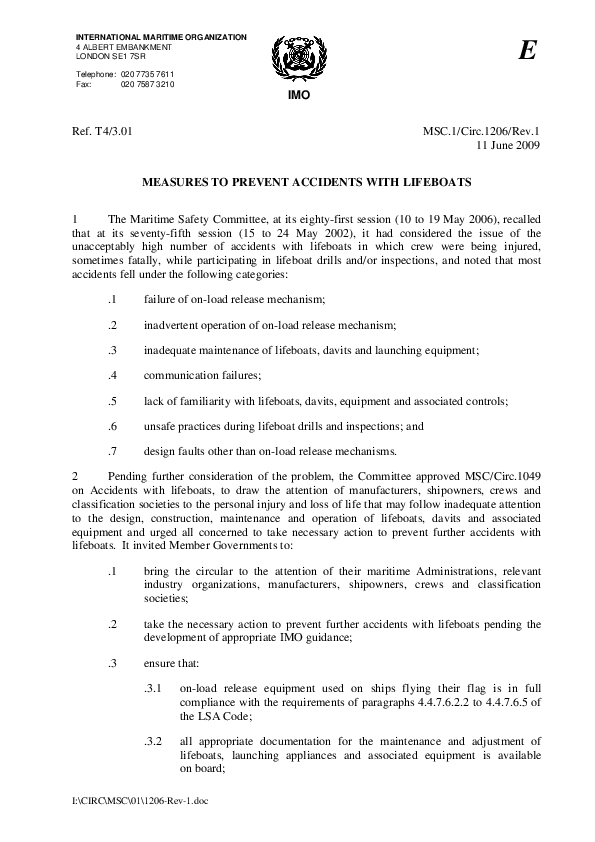 (PDF) LIFE BOATS MAINTENANCE IMO MSC 1206 REV 1