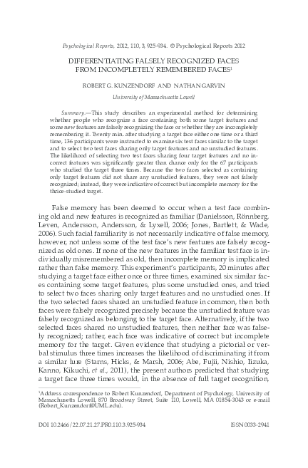(PDF) Differentiating falsely recognizeD faces from incompletely ...