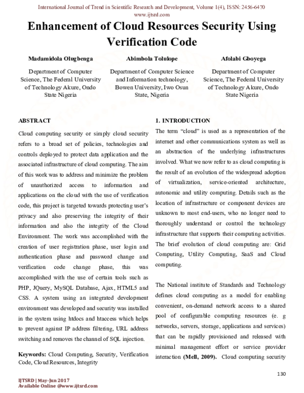 Pdf Enhancement Of Cloud Resources Security Using Verification Code