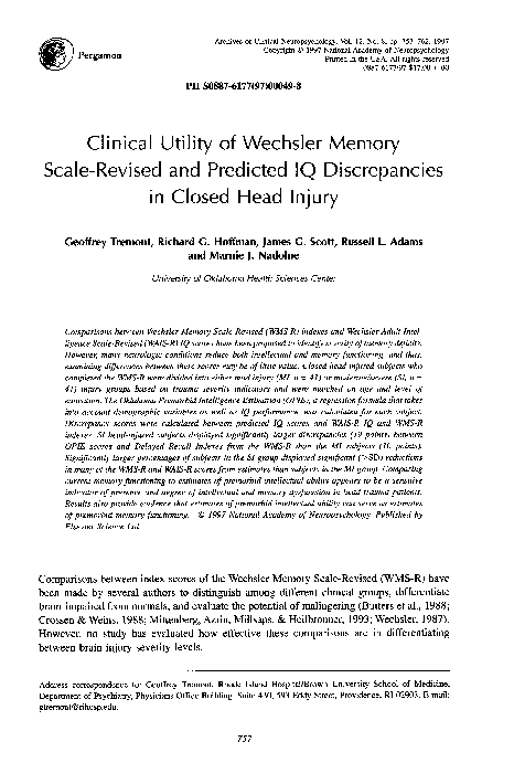 (PDF) Clinical Utility of Wechsler Memory Scale-Revised and Predicted IQ Discrepancies in Closed ...