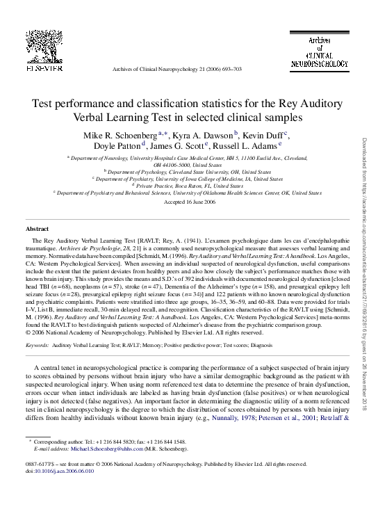 (PDF) Test performance and classification statistics for the Rey ...