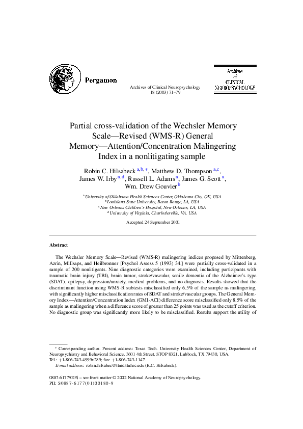 (PDF) Partial cross-validation of the Wechsler Memory Scale—Revised (WMS-R) General Memory ...