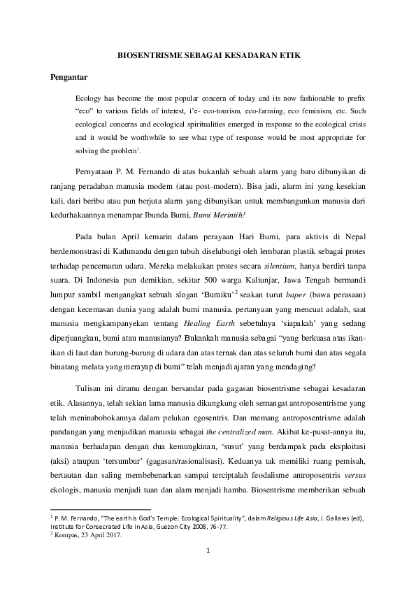 (DOC) BIOSENTRISME SEBAGAI KESADARAN ETIK Pengantar
