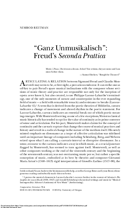(PDF) “Ganz Unmusikalisch”: Freud’s Seconda Prattica | Nimrod Reitman ...