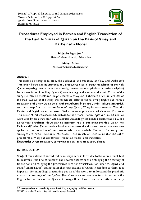 (PDF) Procedures Employed in Persian and English Translation of the ...