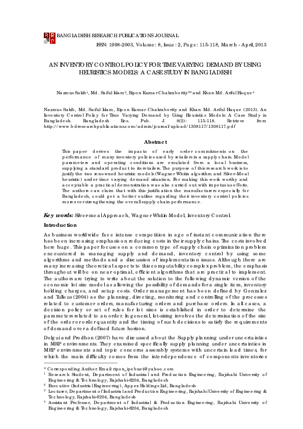 (PDF) AN INVENTORY CONTROL POLICY FOR TIME VARYING DEMAND BY USING HEURISTICS MODELS: A CASE ...