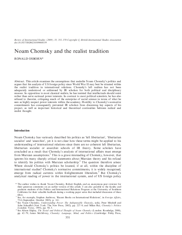 (PDF) Noam Chomsky and the realist tradition (Review of International ...