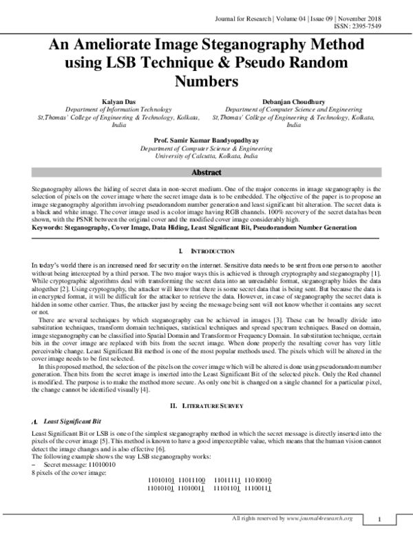 Pdf An Ameliorate Image Steganography Method Using Lsb Technique And Pseudo Random Numbers