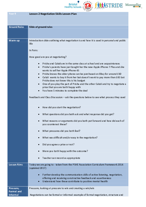 (PDF) Lesson 2 Negotiation Skills Lesson Plan Ground Rules Slide of ...