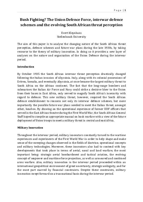 (PDF) Bush Fighting? The Union Defence Force, Interwar Defence Schemes ...