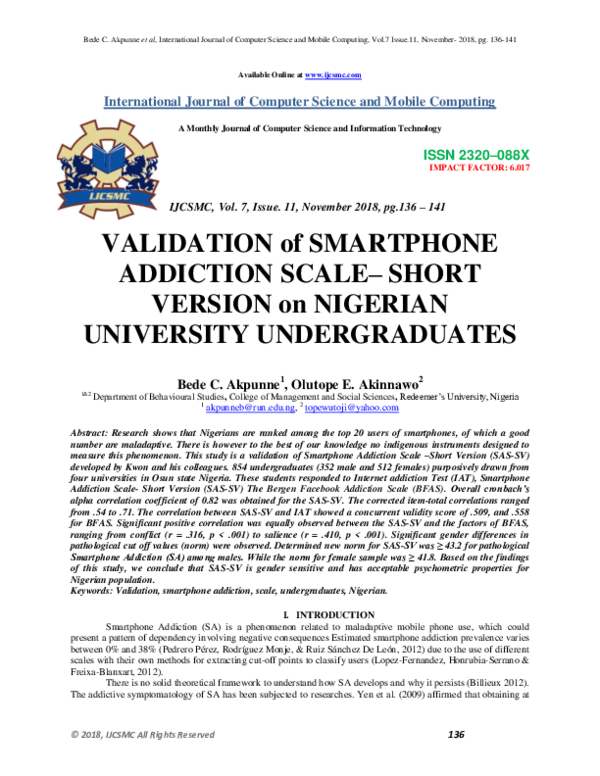 (PDF) VALIDATION of SMARTPHONE ADDICTION SCALE– SHORT VERSION on ...