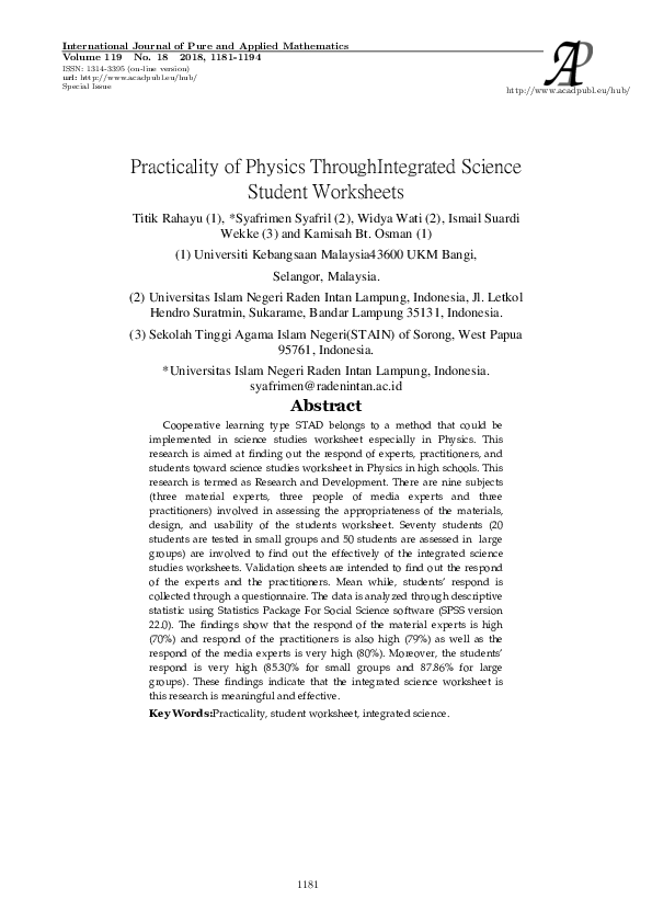 (PDF) Practicality of Physics Through Integrated Science Student Worksheets