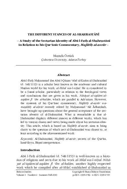 (PDF) The Different Stances of Al-Shahrastânî – A Study of the ...