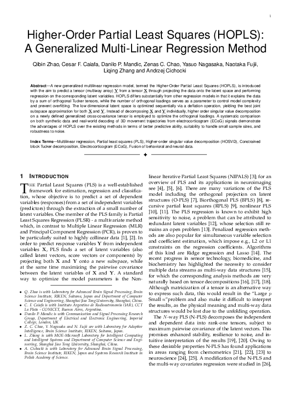 (PDF) Higher Order Partial Least Squares (HOPLS): A Generalized Multilinear Regression Method