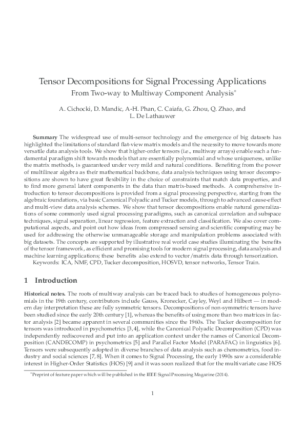 Pdf Tensor Decompositions For Signal Processing Applications From Two Way To Multiway