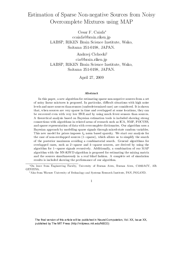 Pdf Estimation Of Sparse Nonnegative Sources From Noisy Overcomplete Mixtures Using Map