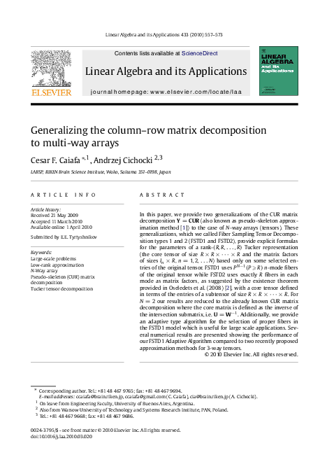 Pdf Generalizing The Columnrow Matrix Decomposition To Multi Way Arrays 4055