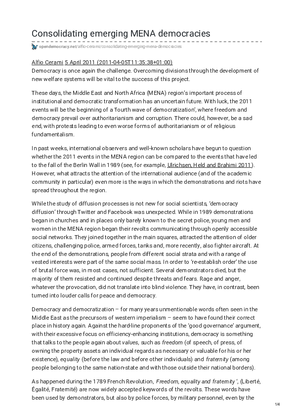 (PDF) Consolidating emerging MENA democracies