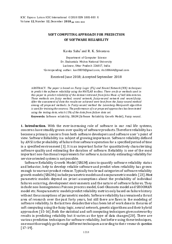 Pdf Soft Computing Approach For Prediction Of Software Reliability