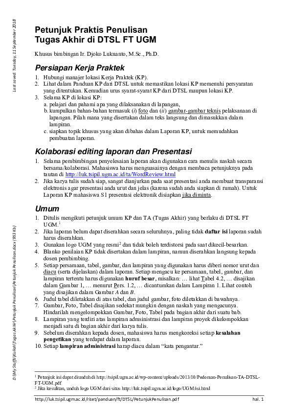 (PDF) Petunjuk Praktis Penulisan Tugas Akhir di DTSL FT UGM | Simon Giyai - Academia.edu