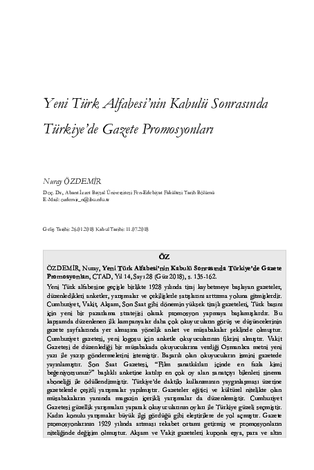 (PDF) Yeni Türk Alfabesi'nin Kabulü Sonrasında Türkiye'de Gazete ...