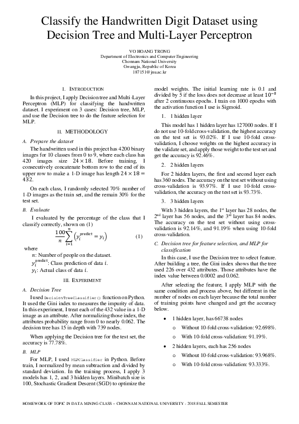 Pdf Classify The Handwritten Digit Dataset Using Decision Tree And