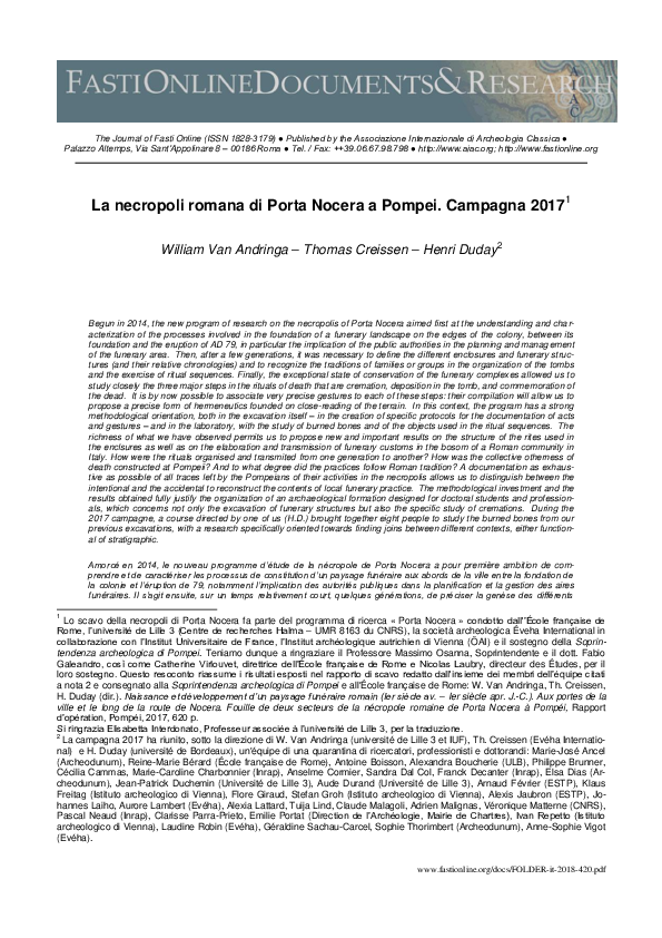 (PDF) William Van Andringa, Thomas Creissen, Henri Duday (2018): "La ...