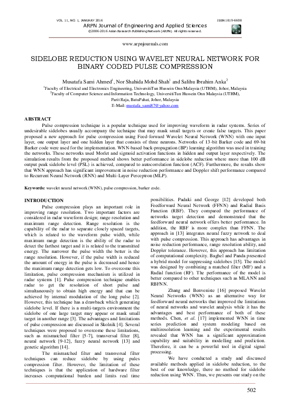 (PDF) SIDELOBE REDUCTION USING WAVELET NEURAL NETWORK FOR BINARY CODED PULSE COMPRESSION