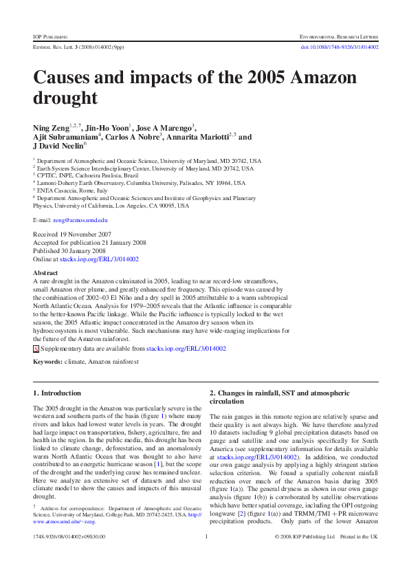 (PDF) Causes and impacts of the 2005 Amazon drought