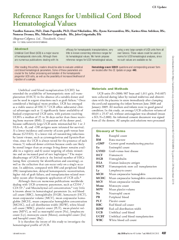 (PDF) Reference Ranges for Umbilical Cord Blood Hematological Values