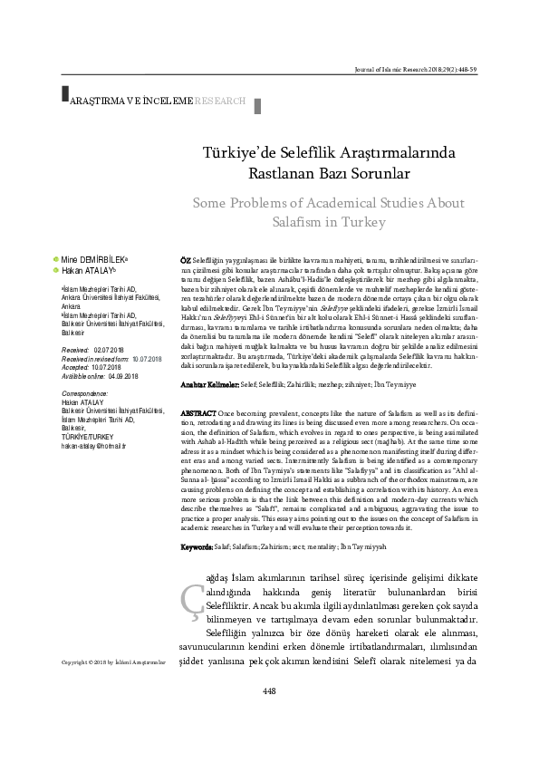 (PDF) Türkiye'de Selefîlik Araştırmalarında Rastlanan Bazı Sorunlar Some Problems of Academical ...