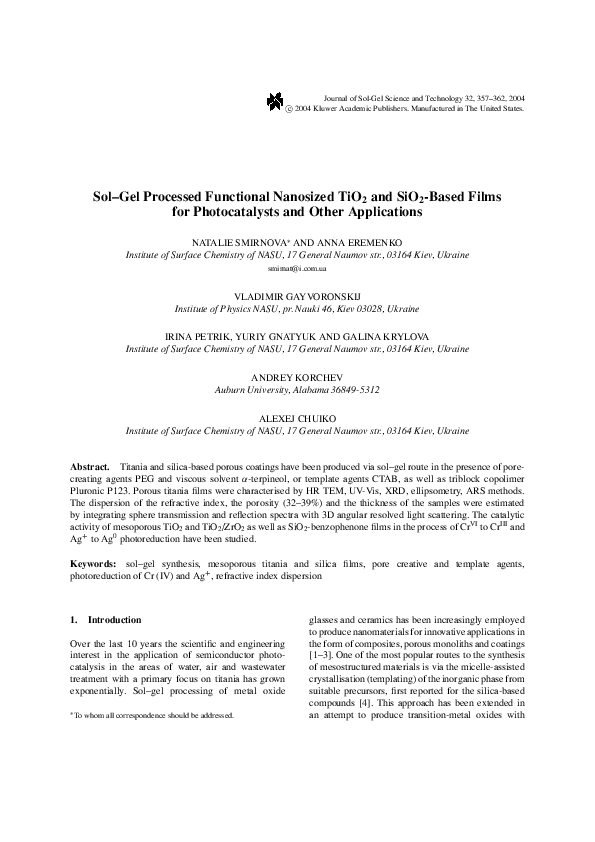 (PDF) Sol–Gel Processed Functional Nanosized TiO2 and SiO2 -based Films for Photocatalysts and ...
