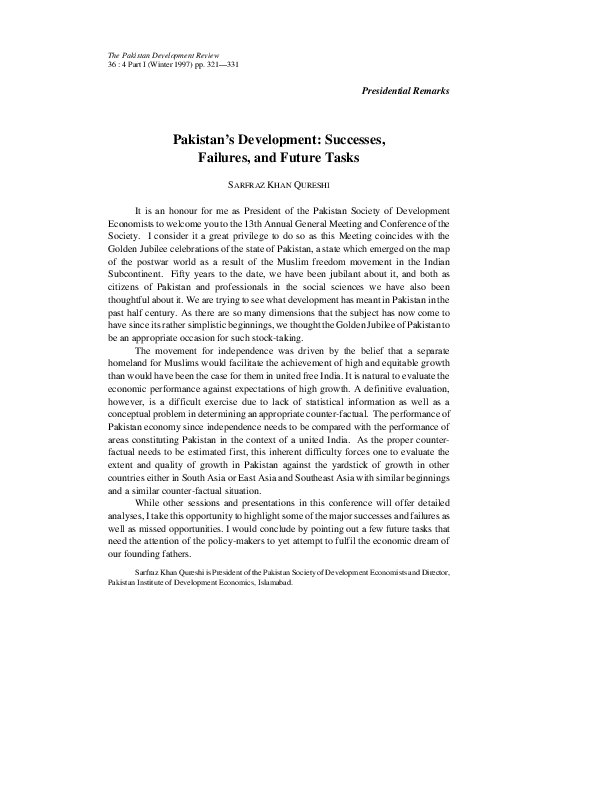 (PDF) Pakistan's Development: Successes, Failures, and Future Tasks