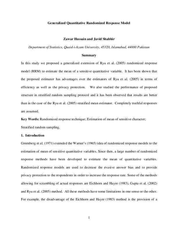 (PDF) Generalized Quantitative Randomized Response Model