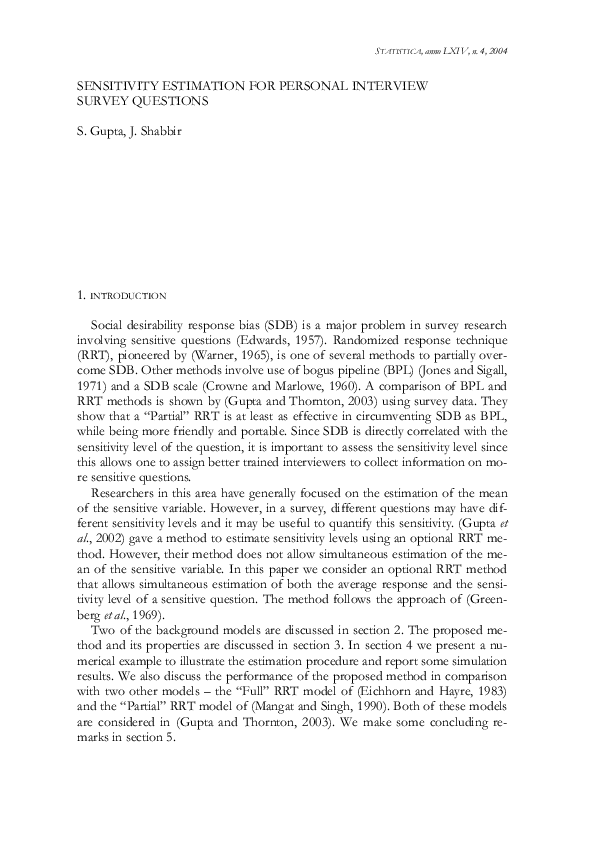 (PDF) Sensitivity estimation for personal interview survey questions