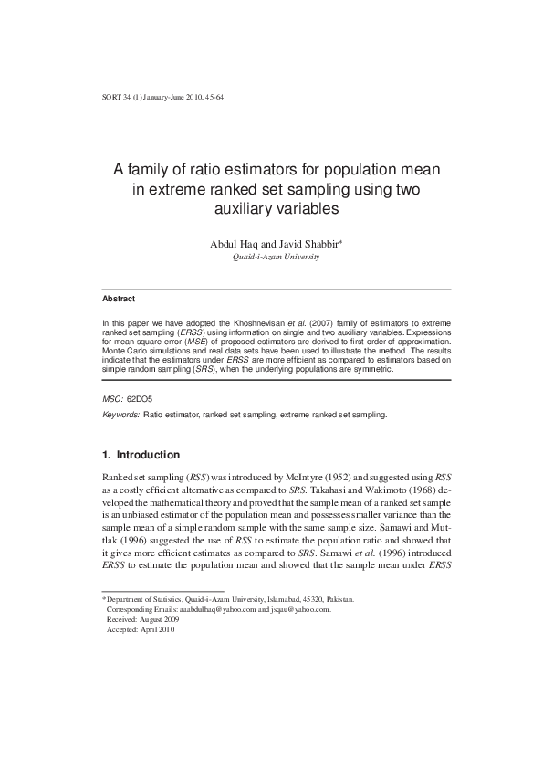 (PDF) A family of ratio estimators for population mean in extreme ranked set sampling using two ...