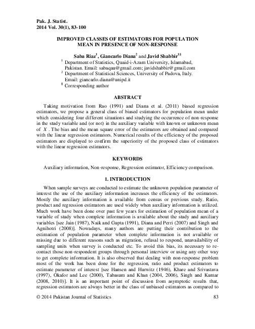 Pdf Improved Classes Of Estimators For Population Mean In Presence Of Non Response Javid