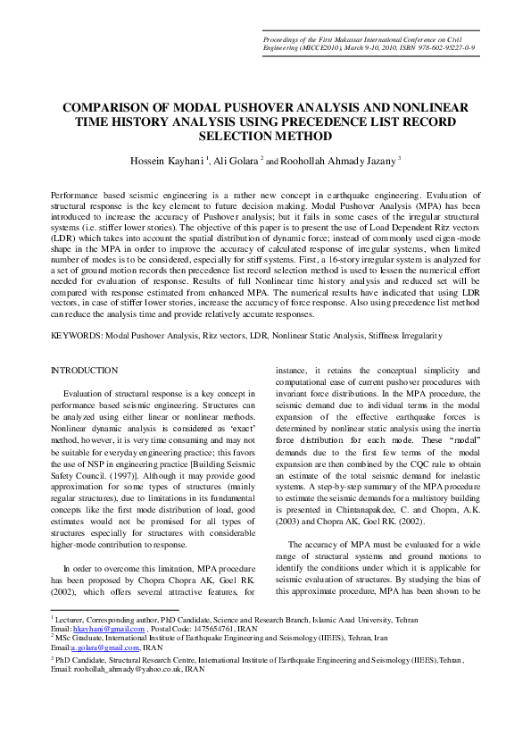Pdf Comparison Of Modal Pushover Analysis And Nonlinear Time History Analysis Using Precedence