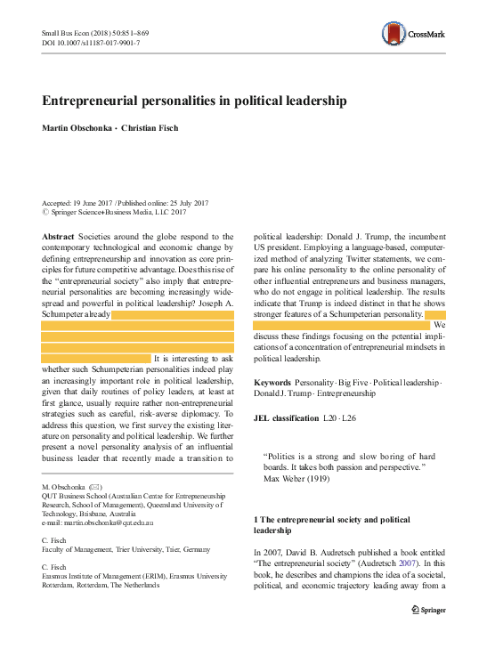 (PDF) Entrepreneurial personalities in political leadership