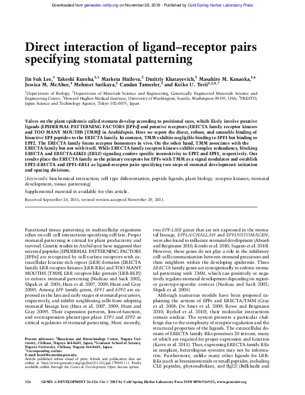 (PDF) Direct interaction of ligand-receptor pairs specifying stomatal ...
