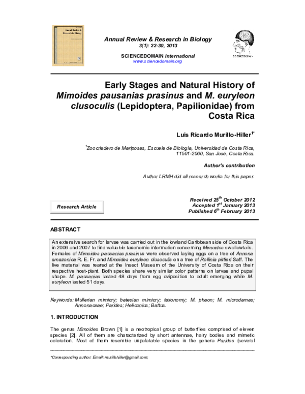 (PDF) Early Stages and Natural History of Mimoides pausanias prasinus and M. euryleon clusoculis ...