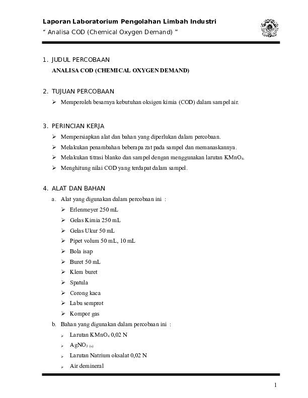 (DOC) ANALISA COD (CHEMICAL OXYGEN DEMAND